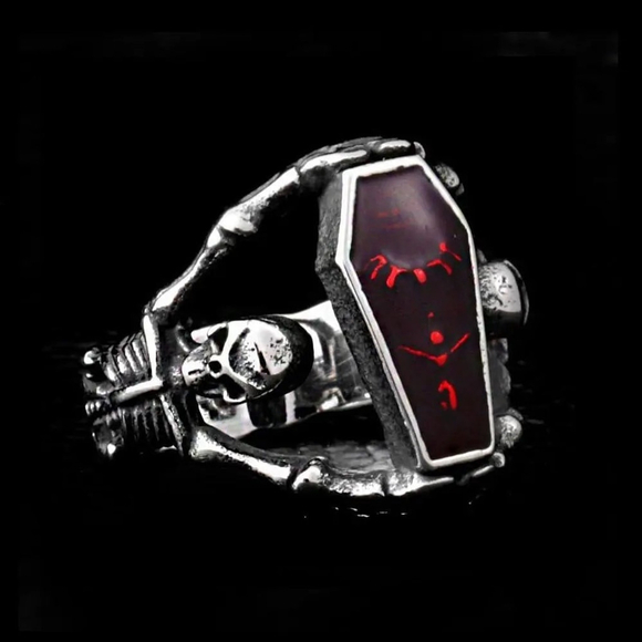 Jewelry | Retro Gothic Biker Metal Vampire Bat Ruby Red Coffin Skeleton ...